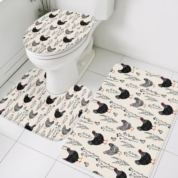 Beige Farm Chicken Bathroom Rugs Set Country Farmhouse Black White ...