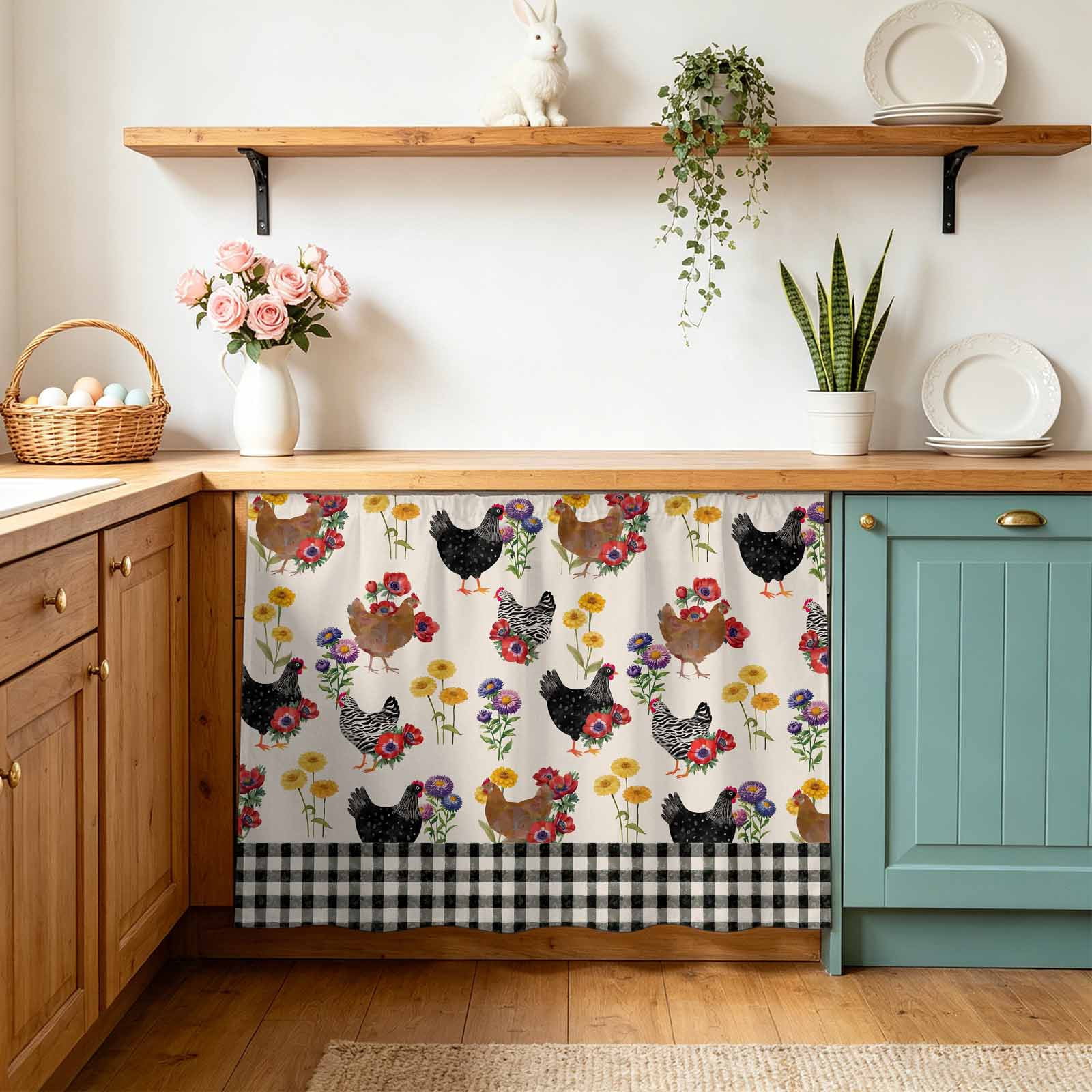 Beige Farm Chicken Cabinet Curtains 28" W x 35" L Farmhouse Rooster ...