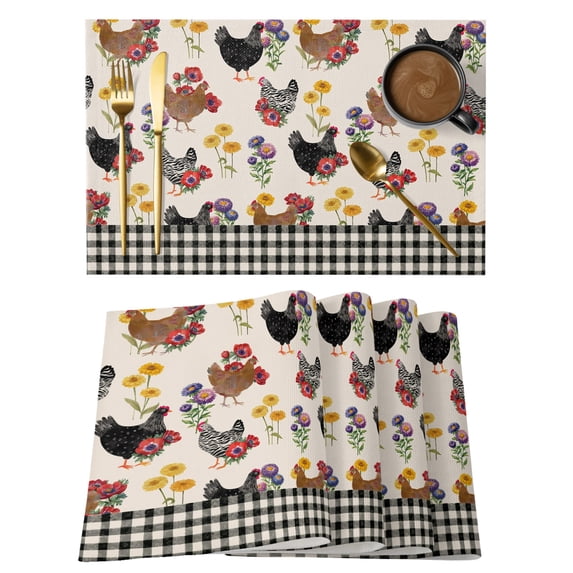 Beige Farm Chicken Cotton Linen Placemats Set of 4, Farmhouse Rooster ...