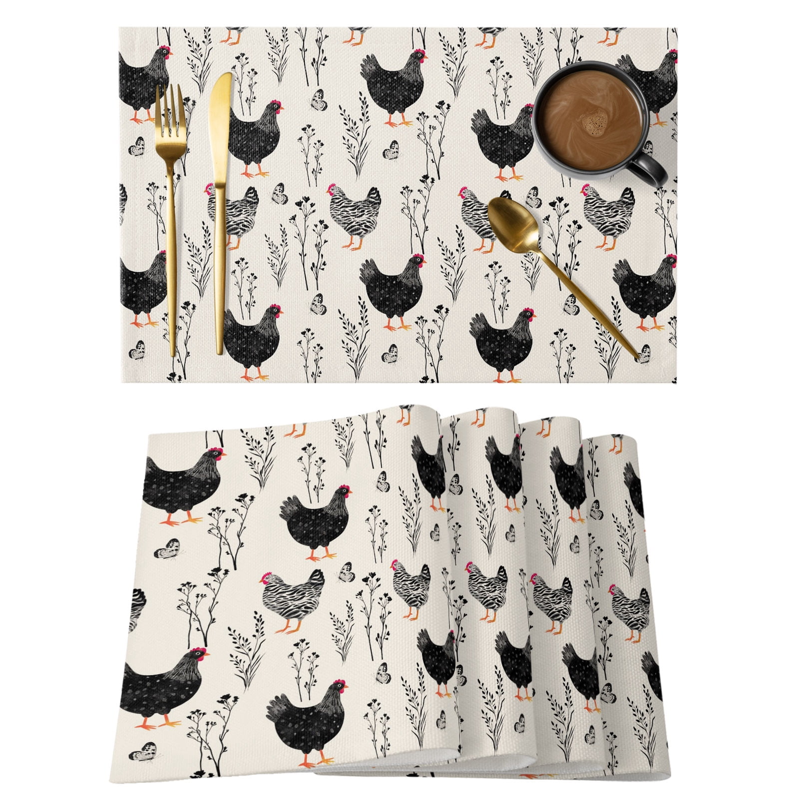 Beige Farm Chicken Cotton Linen Placemats Set of 6, Country Farmhouse ...