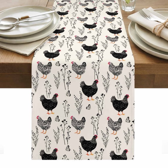 Beige Farm Chicken Cotton Linen Table Runner Country Farmhouse Black ...