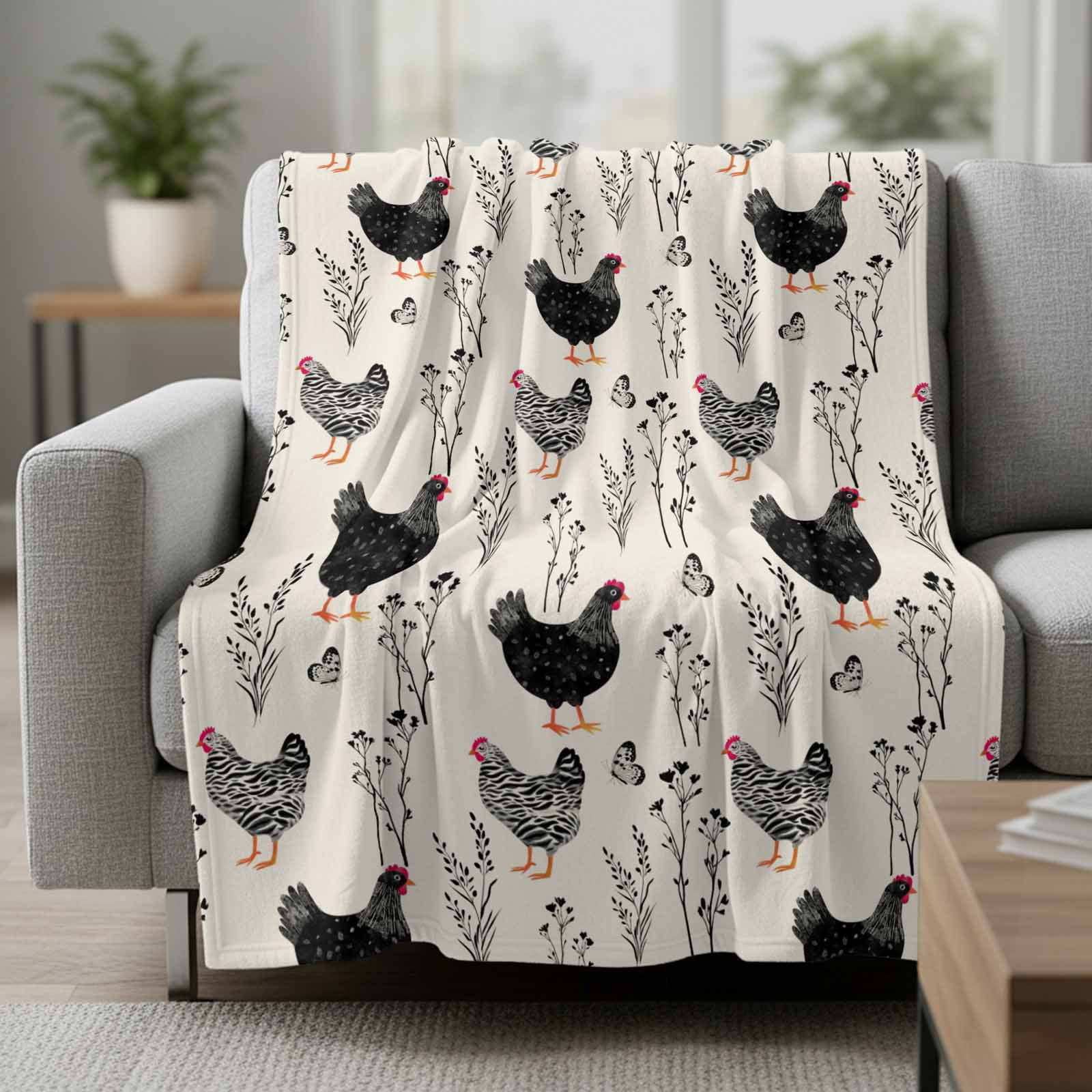 Beige Farm Chicken Fleece Throw Blanket Country Farmhouse Black White ...