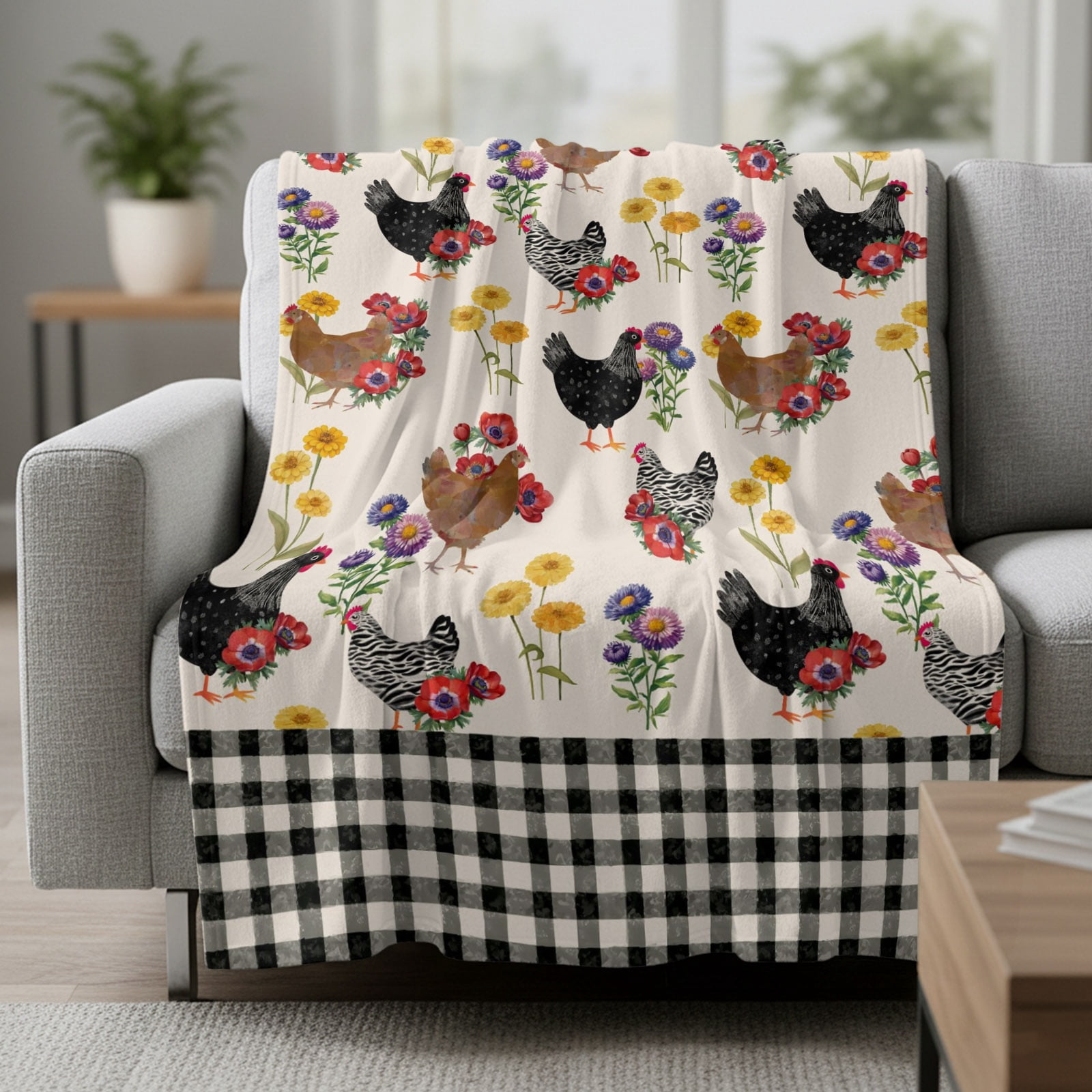 Beige Farm Chicken Fleece Throw Blanket Farmhouse Rooster Flower Leaf ...