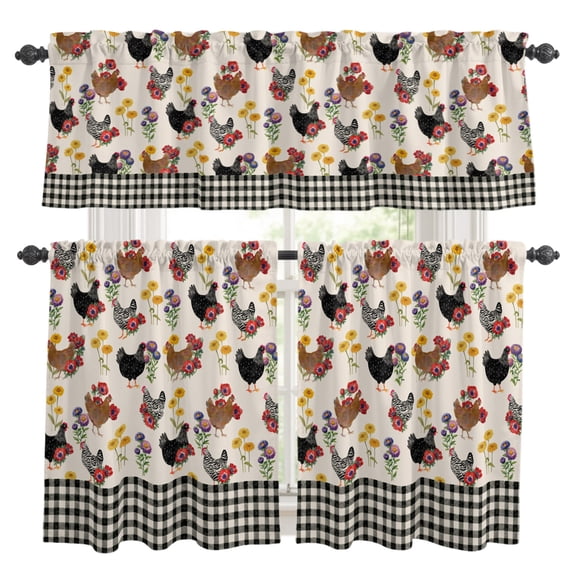Beige Farm Chicken Kitchen Curtains Set for Windows, Farmhouse Rooster ...