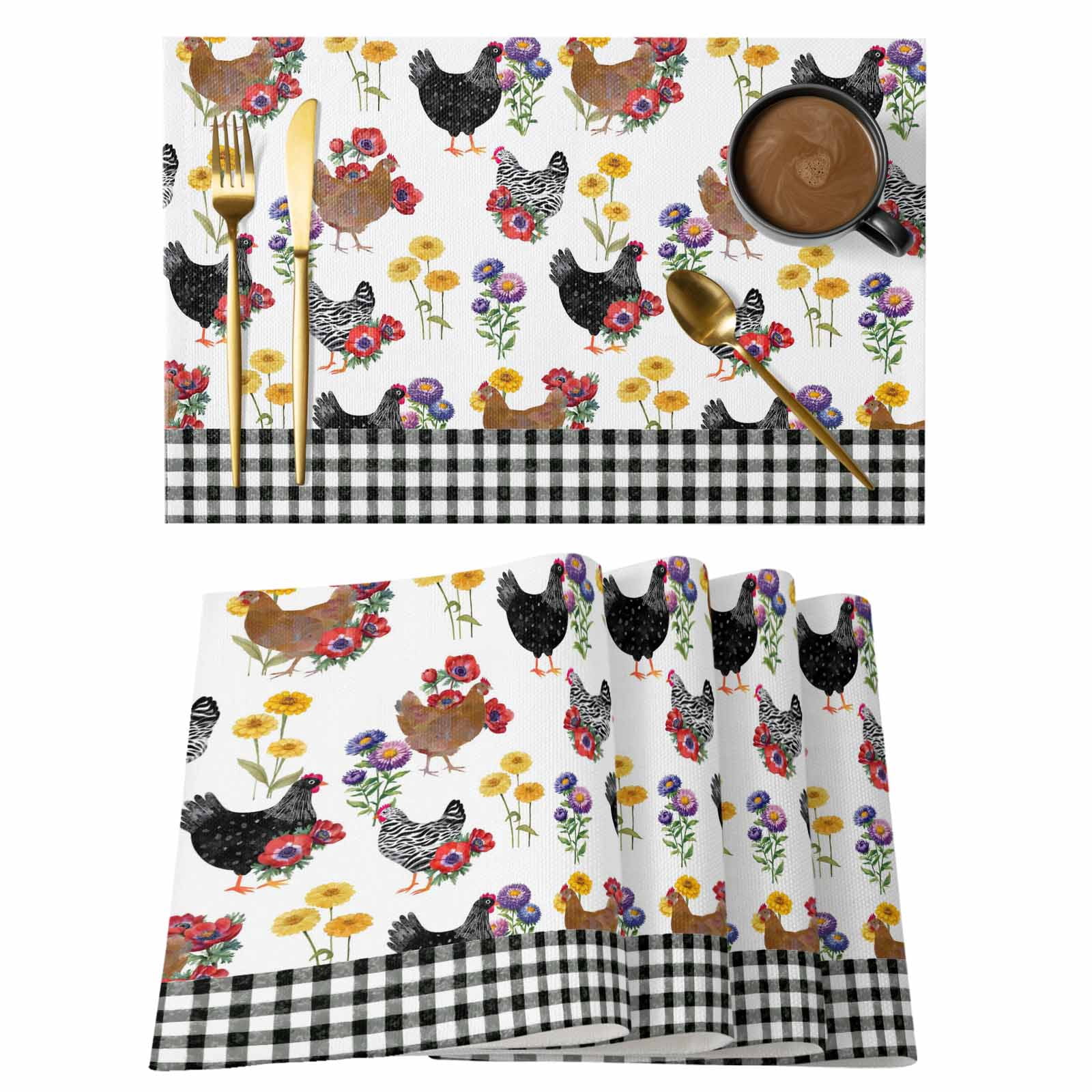 Beige Farm Chicken Placemats Set of 2, Farmhouse Rooster Flower Leaf ...
