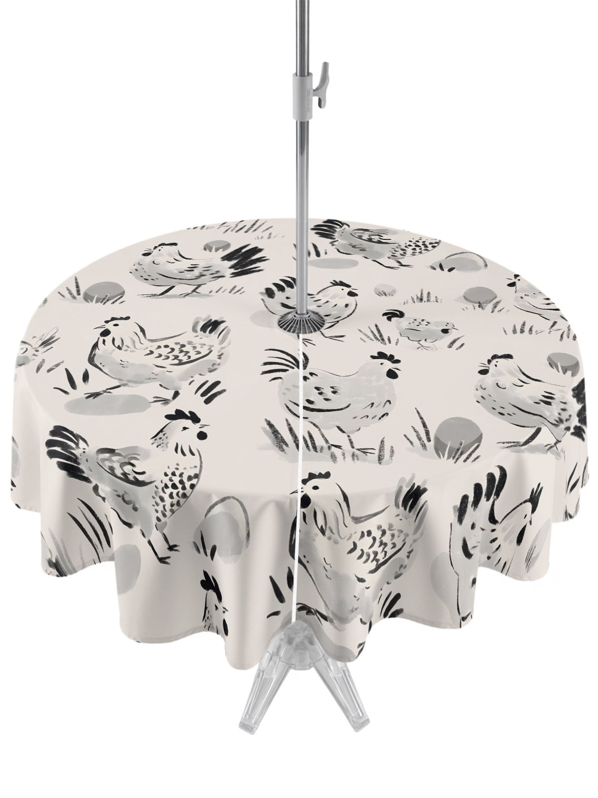 Beige Farm Chicken Round Outdoor Tablecloth with Umbrella Hole Country ...