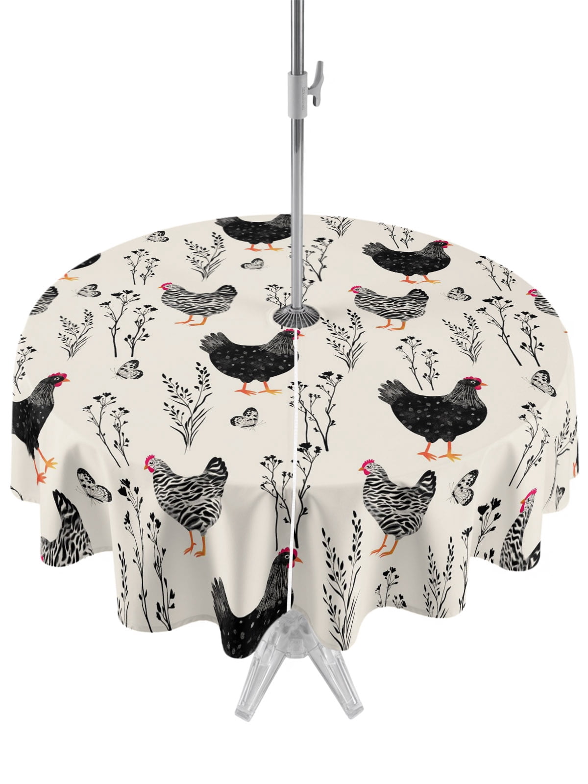 Beige Farm Chicken Round Outdoor Tablecloth with Umbrella Hole Country ...