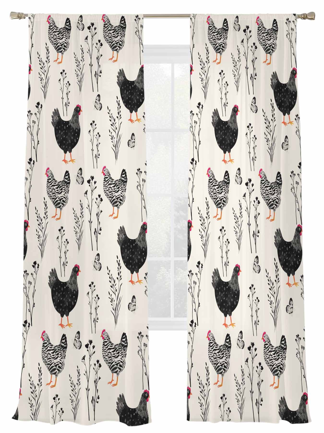 Beige Farm Chicken Sheer Curtains 2 Panels Set Country Farmhouse Black ...
