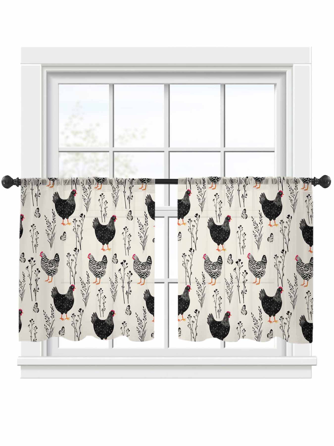 Beige Farm Chicken Sheer Curtains 2 Panels Set Country Farmhouse Black ...