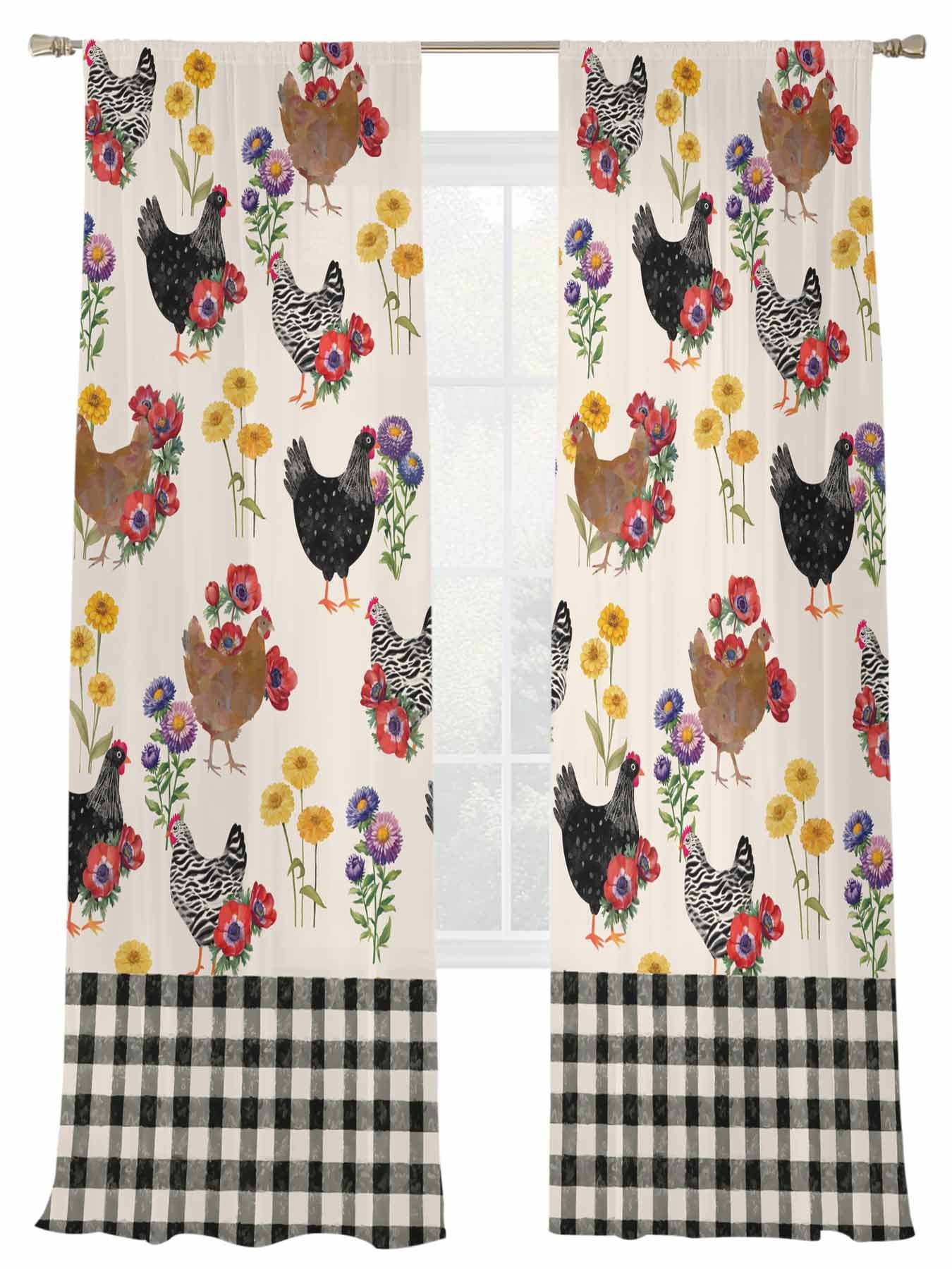 Beige Farm Chicken Sheer Curtains 2 Panels Set Farmhouse Rooster Flower ...