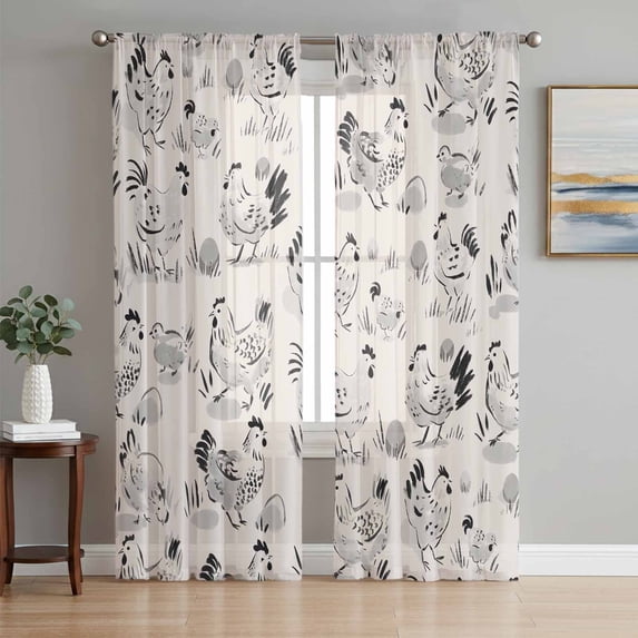 Beige Farm Chicken Sheer Curtains for Living Room Bedroom, Country ...