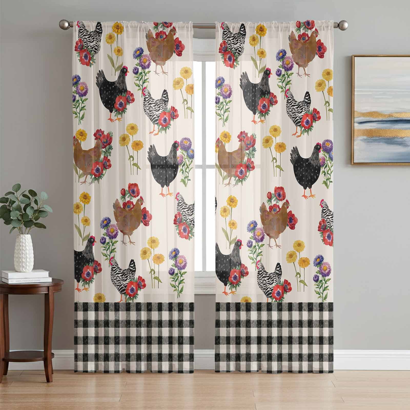 Beige Farm Chicken Sheer Curtains for Living Room Bedroom, Farmhouse ...