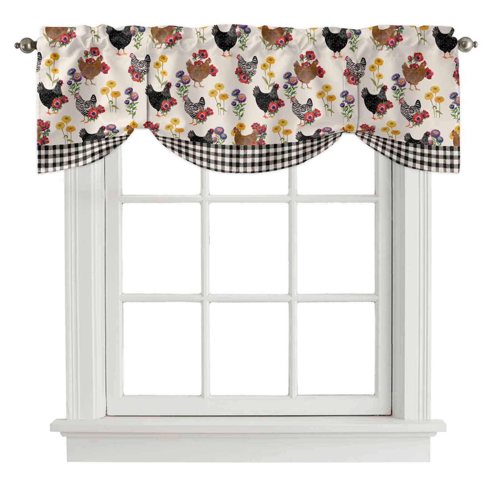 Beige Farm Chicken Tie Up Valance Curtains Farmhouse Rooster Flower ...
