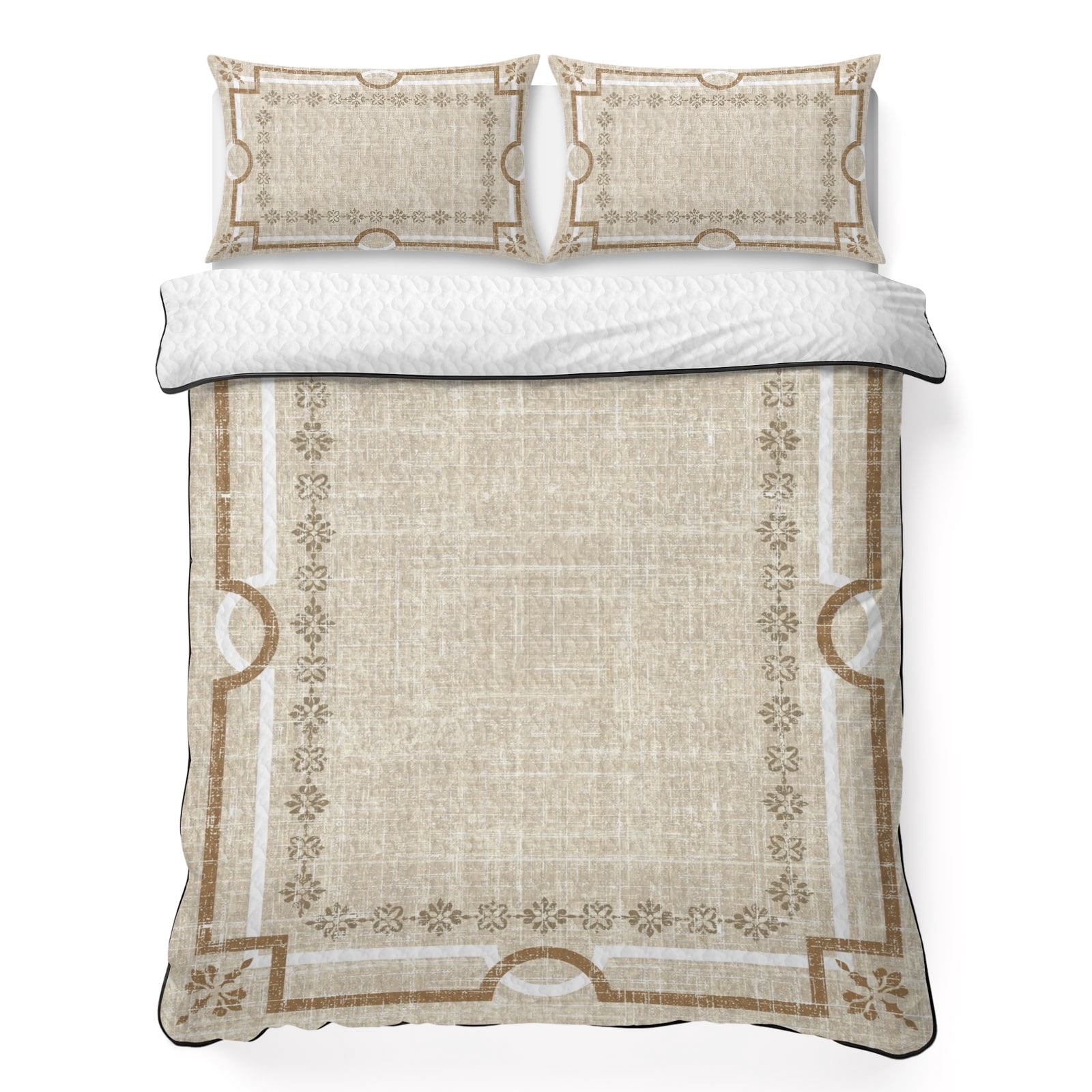 Beige Farmhouse 3 Piece Quilt Bedding Set with 2 Pillow Shams, Linen ...