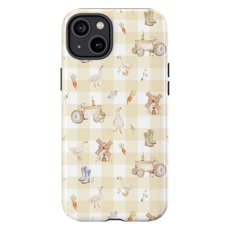 Beige Farmhouse Gingham Phone Case with Tractors, Ducks, Windmills ...