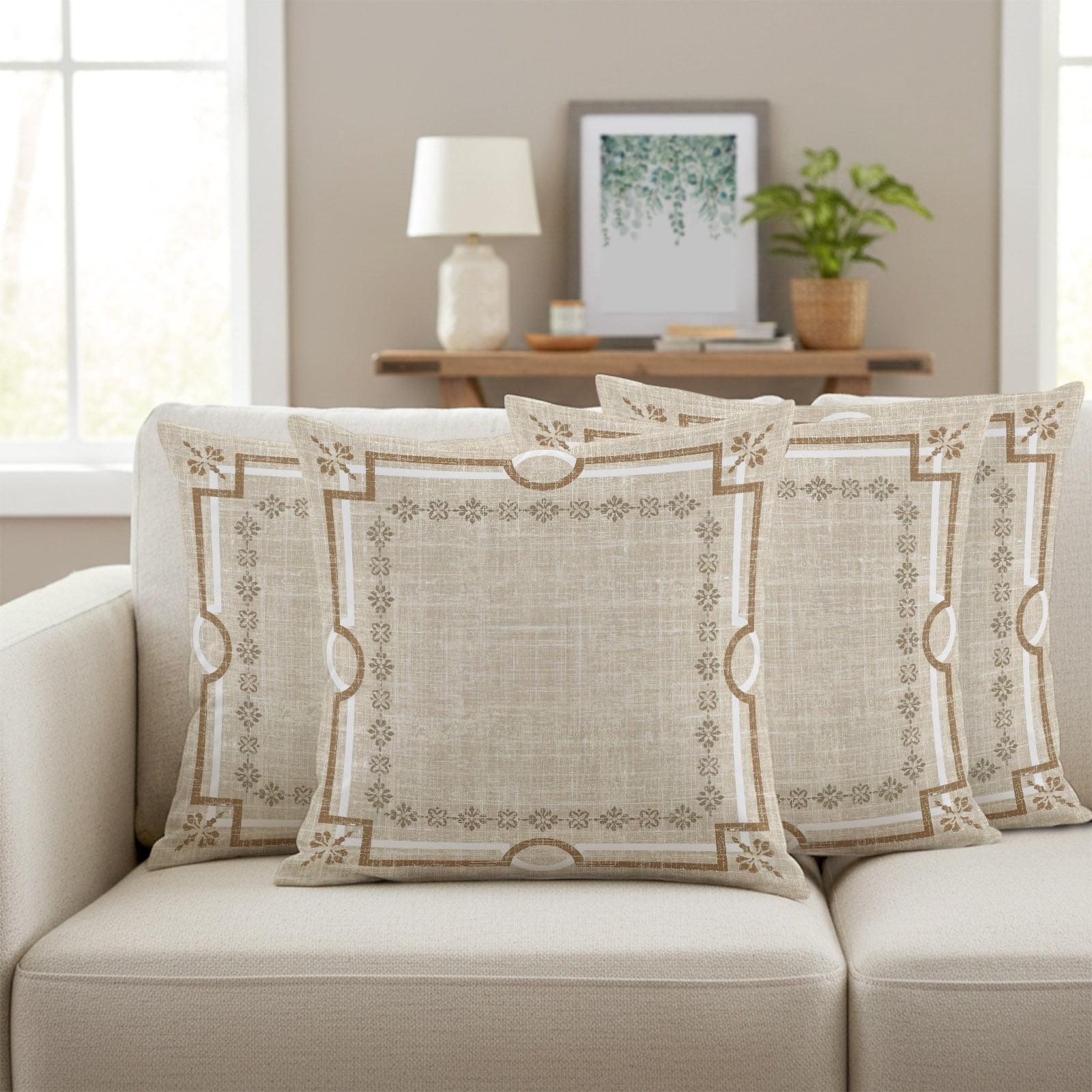Beige Farmhouse Pillow Covers Set of 4, Linen Texture Geometric Lines ...
