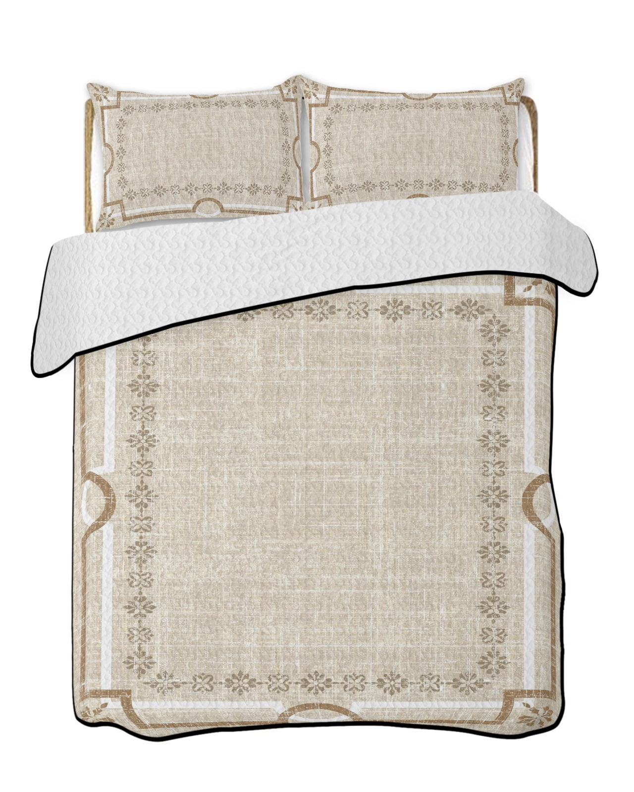 Beige Farmhouse Quilts Bedding Set California King Linen Texture ...
