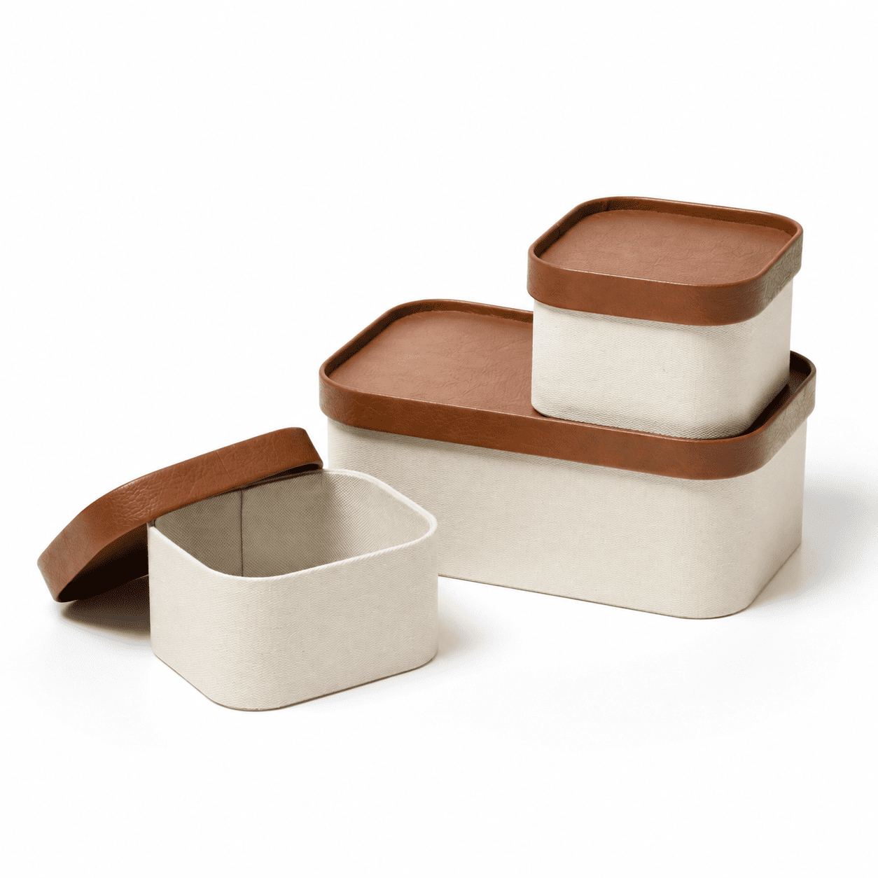Beige Faux Leather Decorative Storage Boxes 3 Pack Mid Century Modern ...