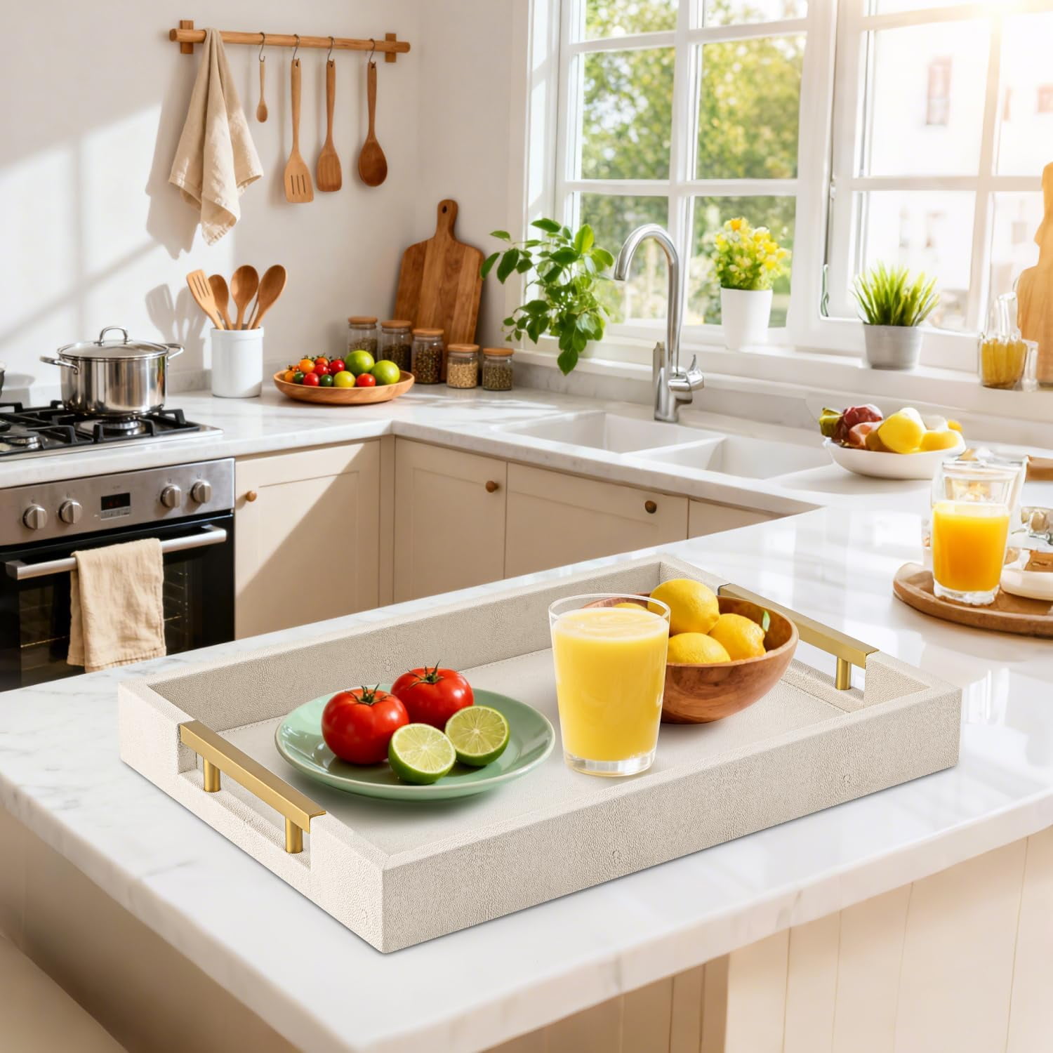 Beige Faux Leather Serving Tray with Handles – Large Decorative Tray ...