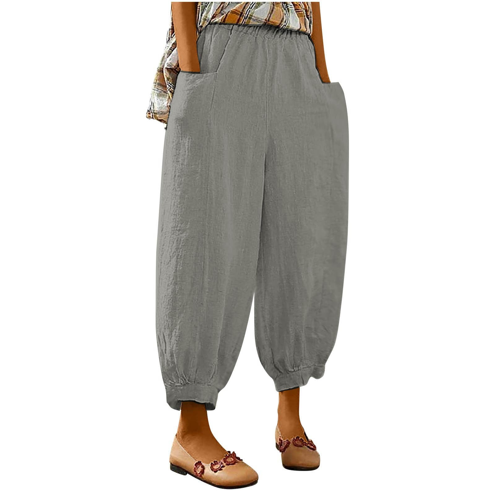 Beige Faux Linen for Ladies Summer Fall Loose Fit Casual Harem High Leg ...