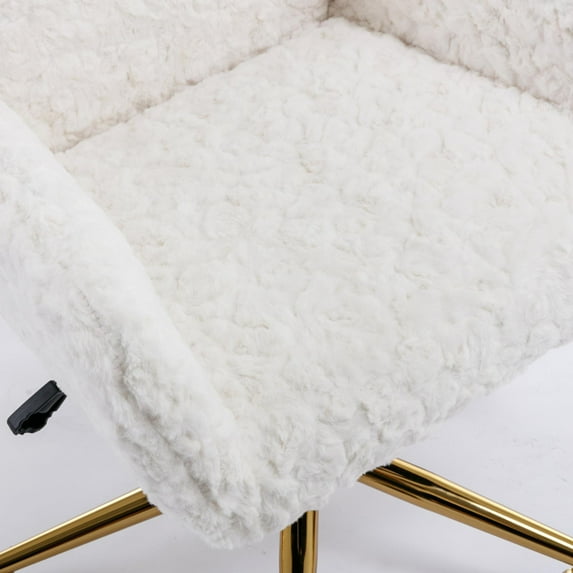 Beige Faux Rabbit Fur Office Chair - Golden Base, Adjustable Swivel ...