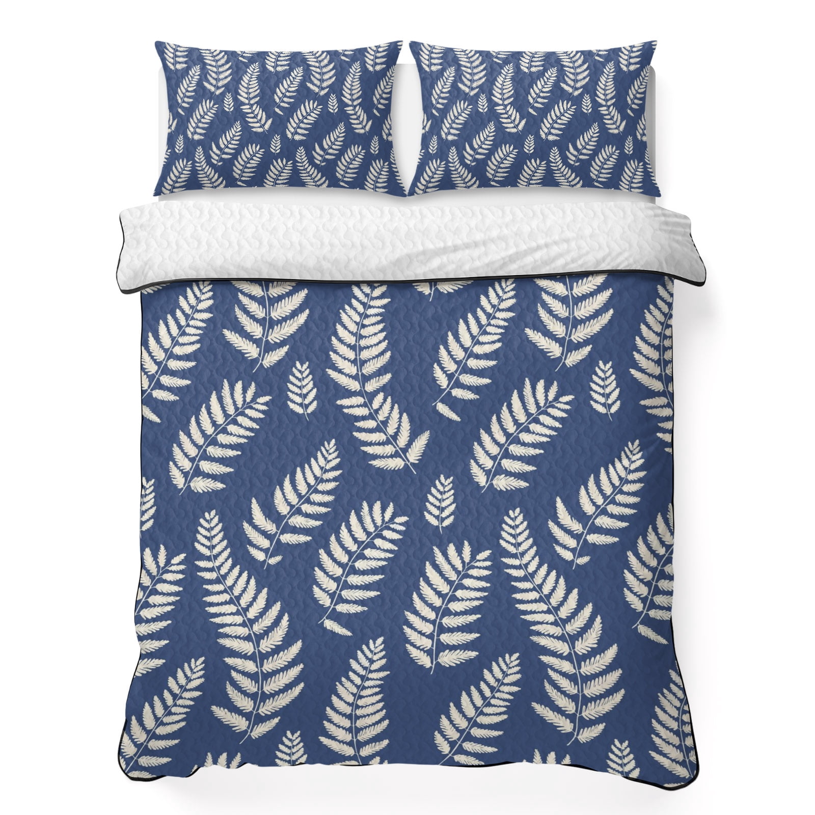Beige Ferns 3 Piece Quilt Bedding Set with 2 Pillow Shams, Marine ...