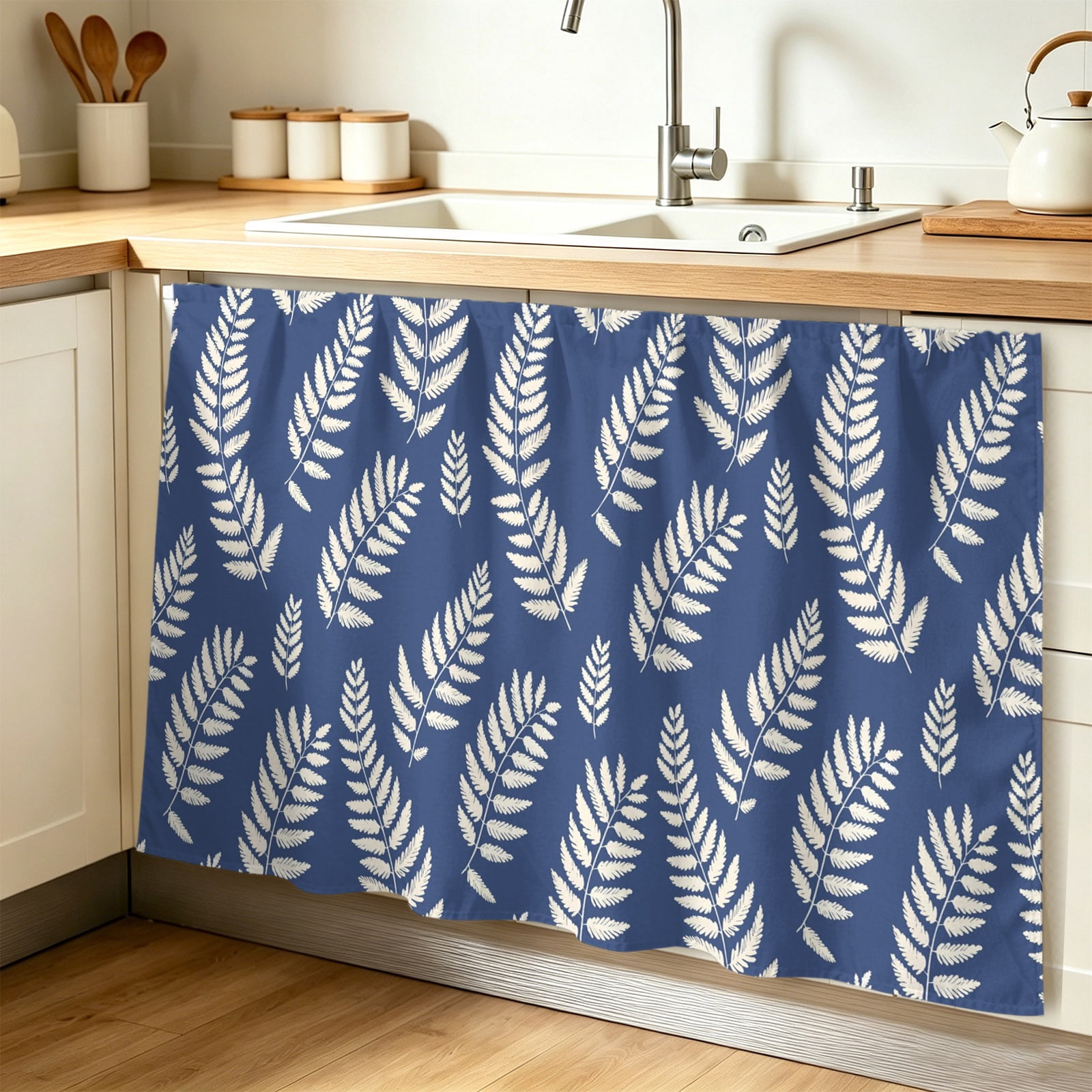 Beige Ferns Cabinet Curtain, Marine Plants Fronds Floral Navy Blue ...