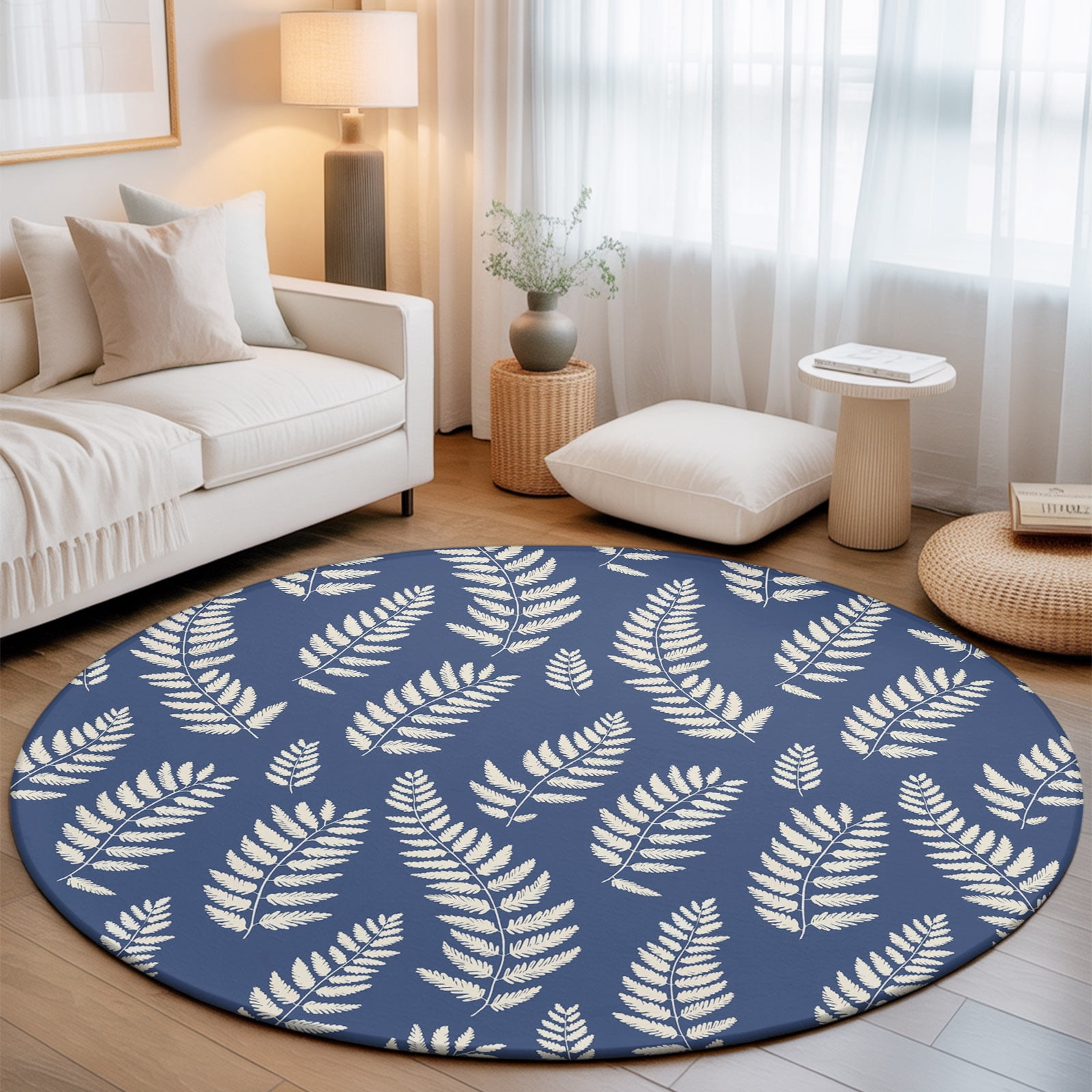 Beige Ferns Round Area Rugs 3 ft, Marine Plants Fronds Floral Navy Blue ...