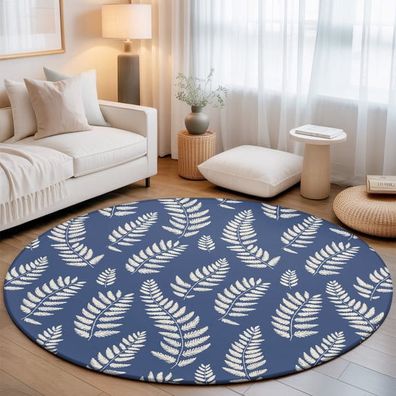 Beige Ferns Round Area Rugs 3 ft, Marine Plants Fronds Floral Navy Blue ...