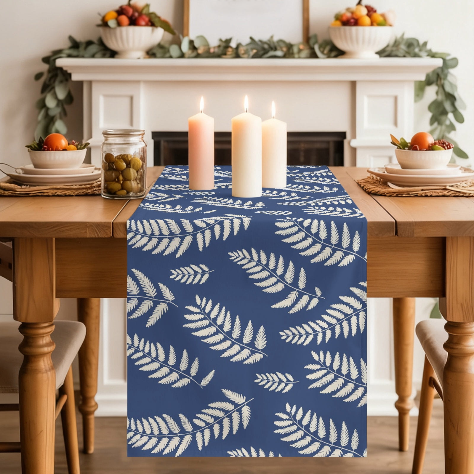 Beige Ferns Table Runner 13x48 Inch Marine Plants Fronds Floral Navy ...