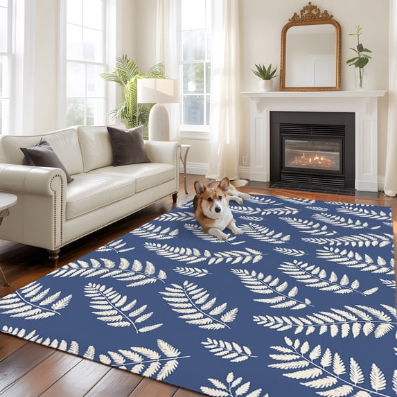 Beige Ferns Washable Area Rug 8x10 Marine Plants Fronds Floral Navy ...