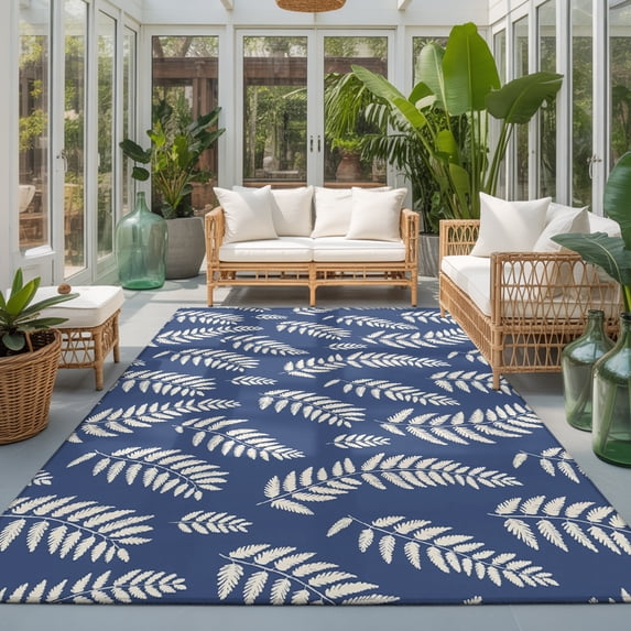 Beige Ferns Washable Area Rugs 4'x6', Marine Plants Fronds Floral Navy ...