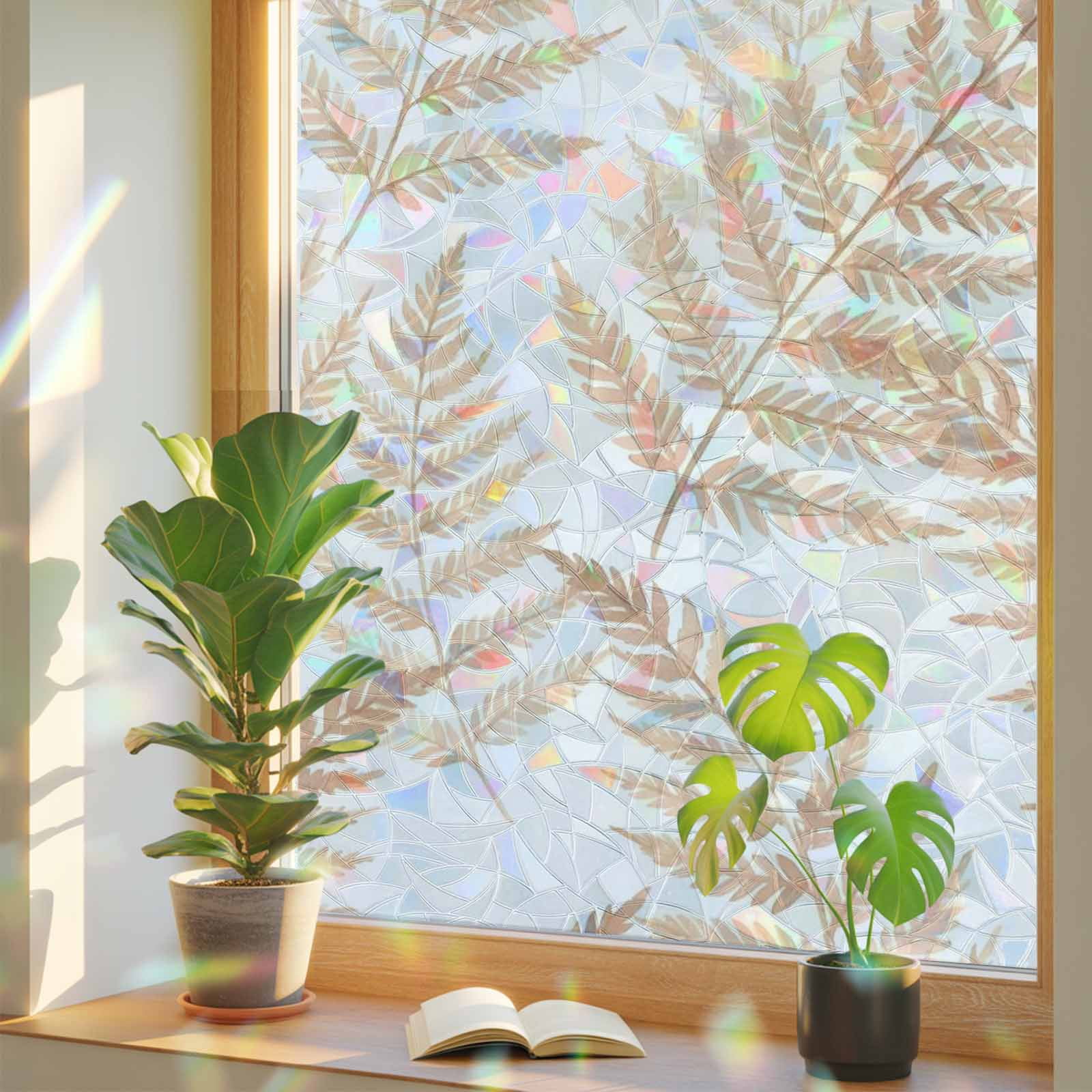 Beige Ferns Window Privacy Film Rainbow Static Cling Stain Glass Window ...
