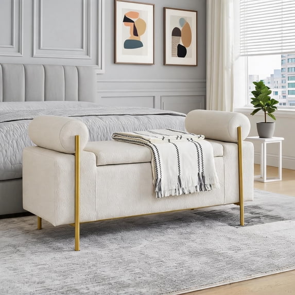 Beige Finish Linen Storage Bench with Cylindrical Arms and Iron Legs ...