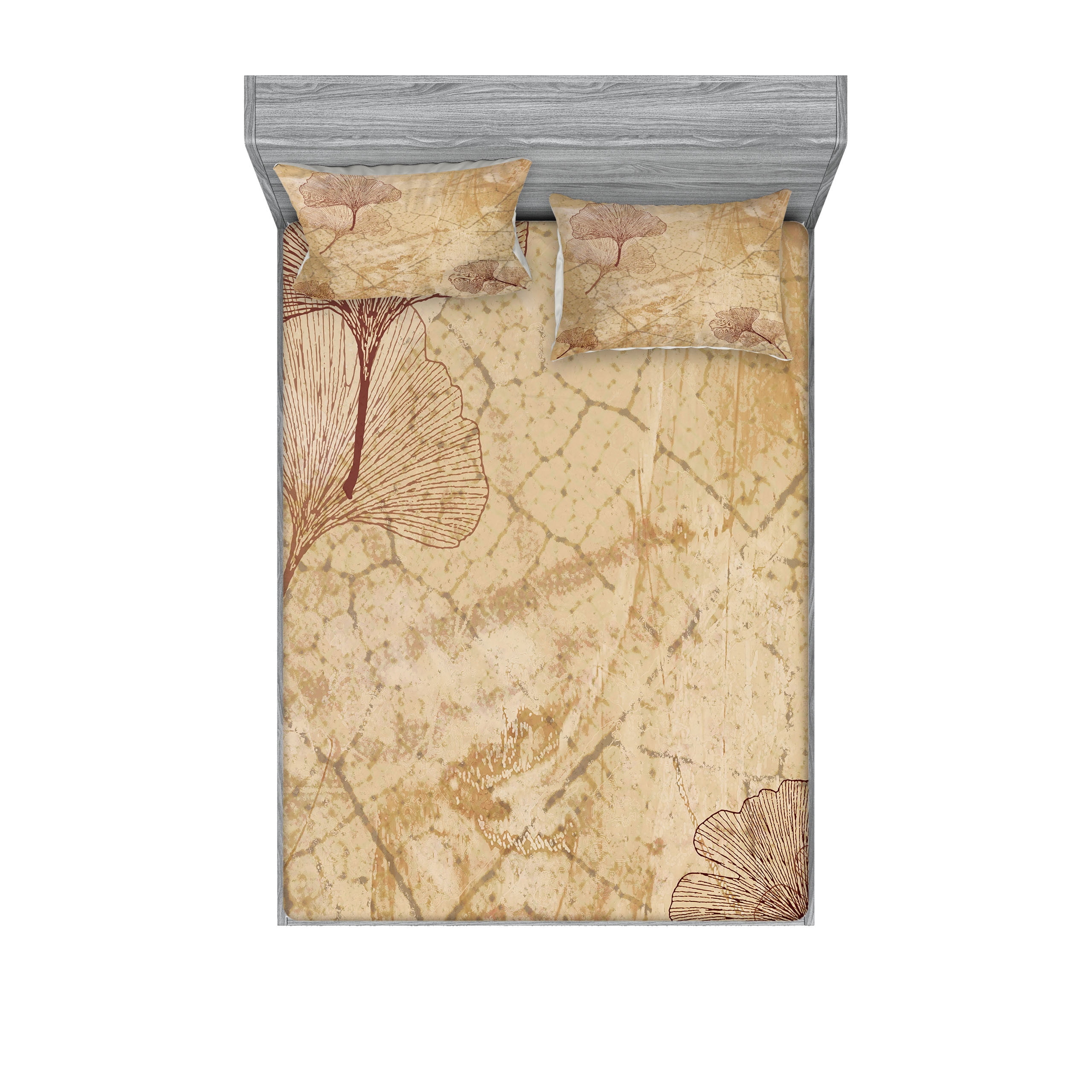 Beige Fitted Sheet & Pillow Sham Set, Small Large Ginkgo Leaves Pattern ...