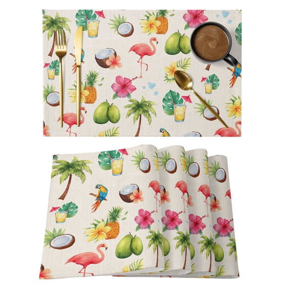 Beige Flamingos Placemats Set of 4 Tropical Summer Botanical Fruits ...