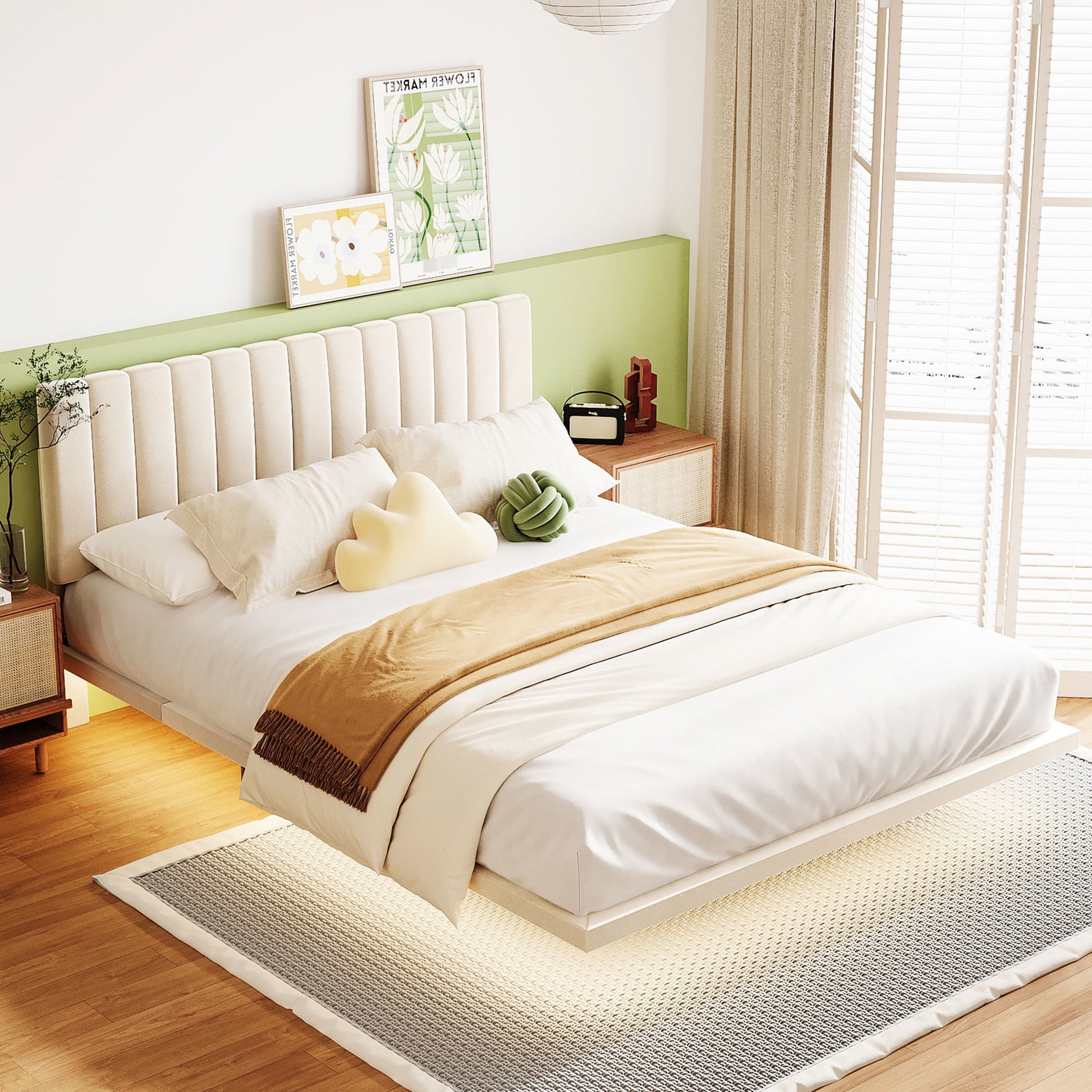 Beige Floating Velvet Platform Queen Size Bed With Sensor And Headboard ...