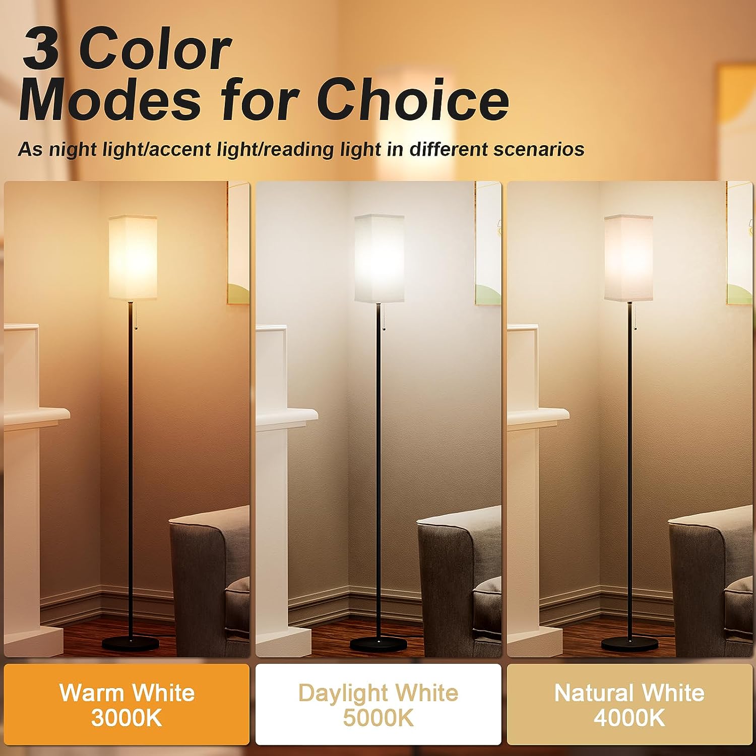 Beige Floor Lamps for Living Room - 3 Color Temperature Black Standing ...