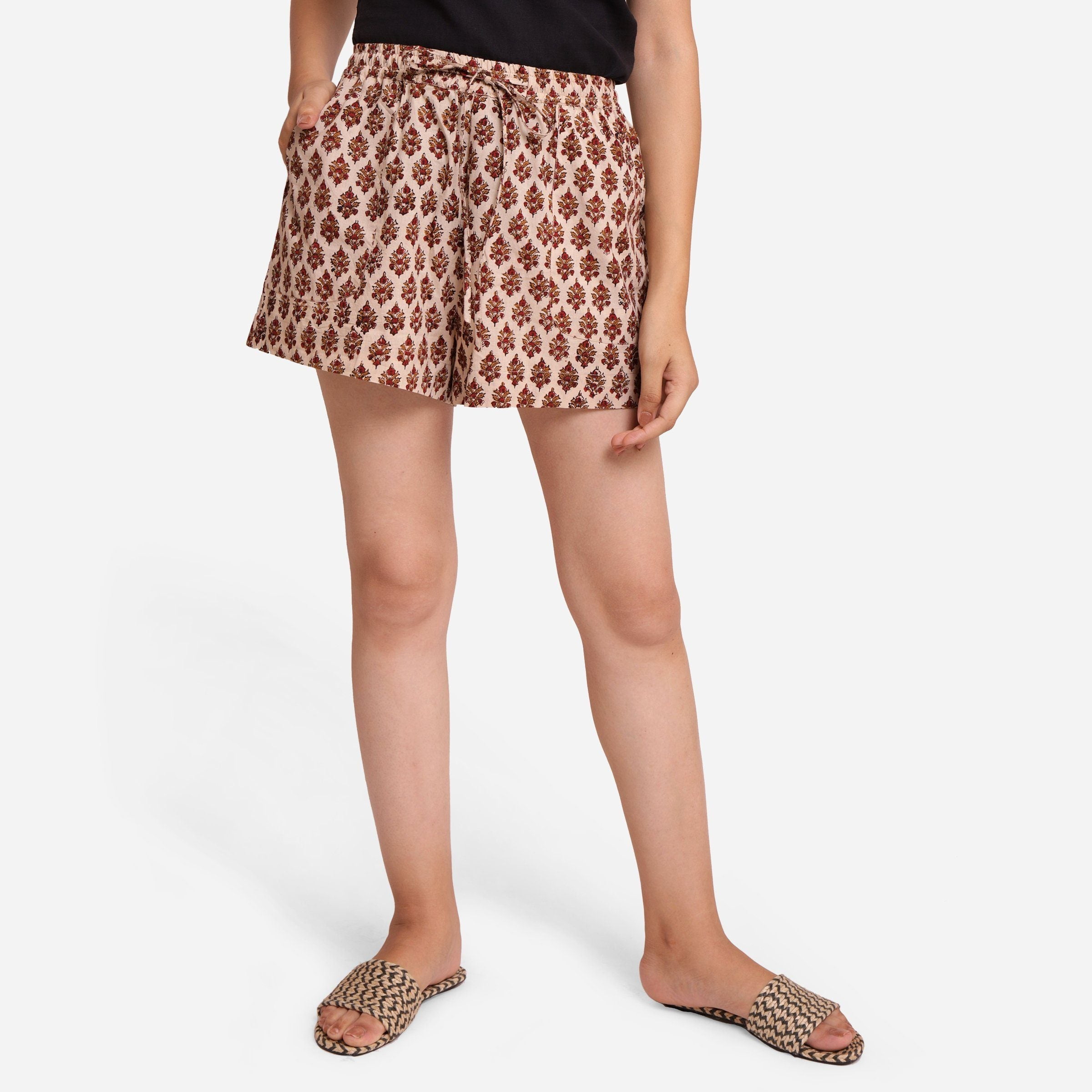 Beige Floral Block Printed Cotton Micro Length Shorts - Walmart.com