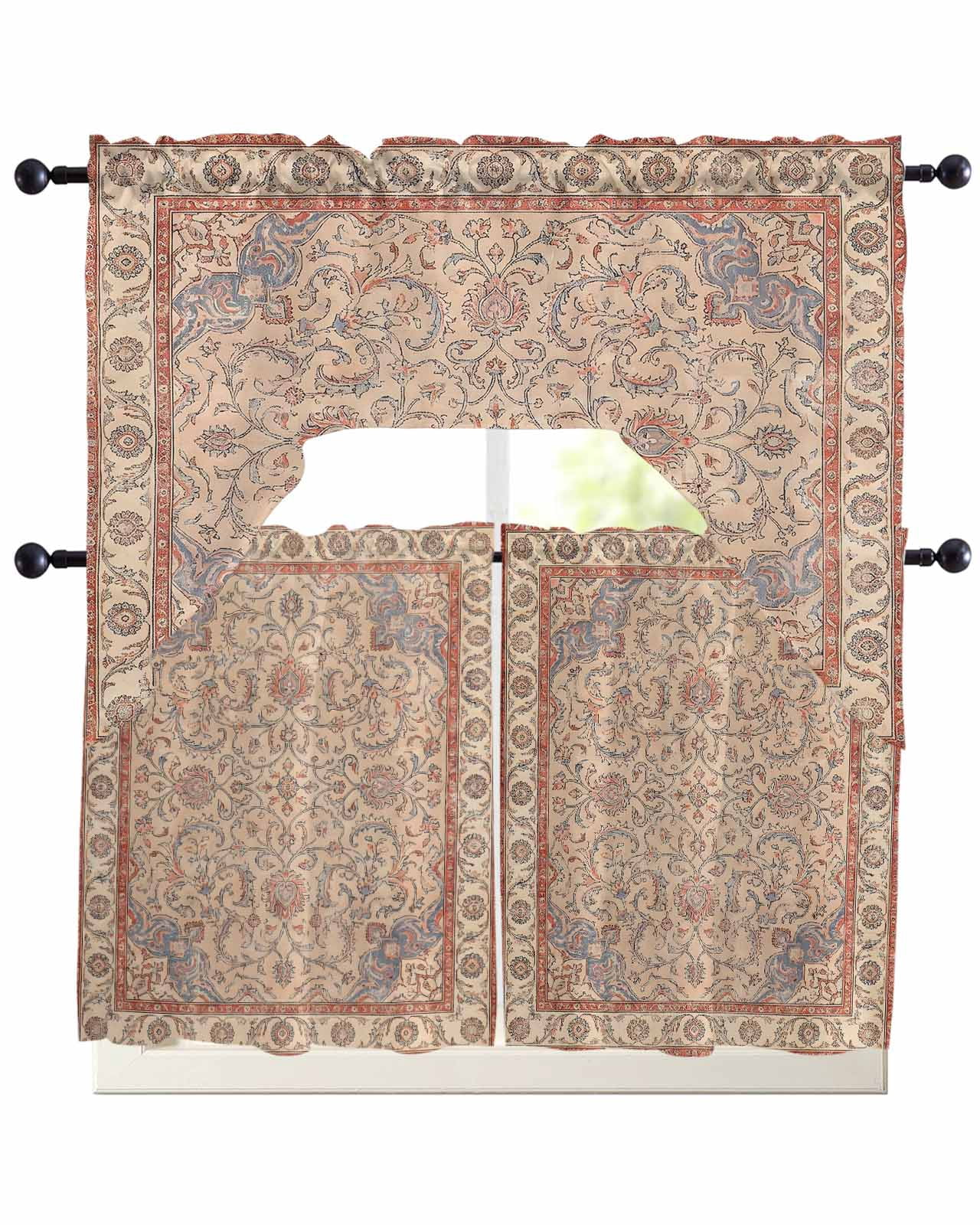 Beige Floral Boho Kitchen Curtains Set for Windows 3 Piece Cafe ...