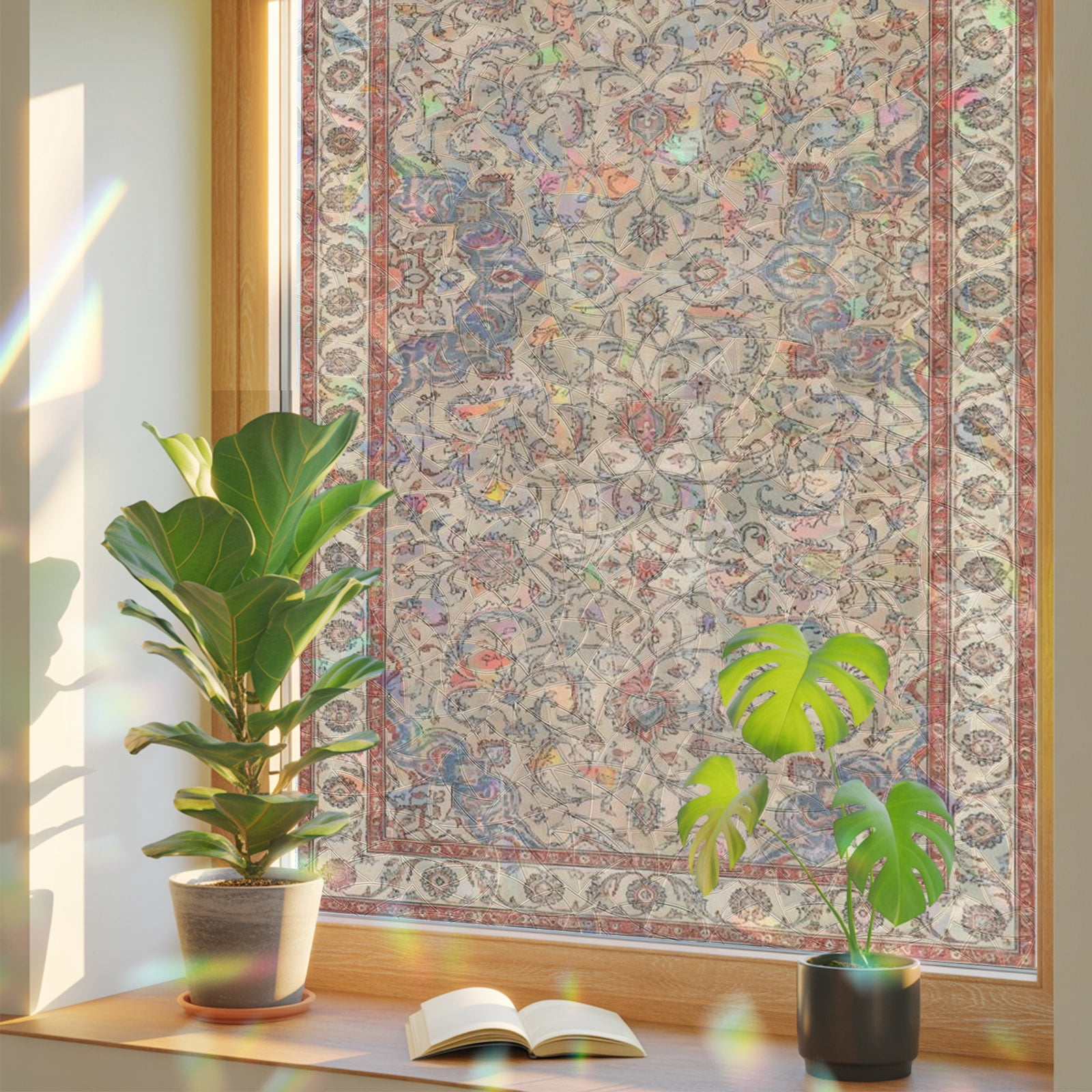 Beige Floral Boho Window Privacy Film Rainbow Static Cling Stain Glass ...