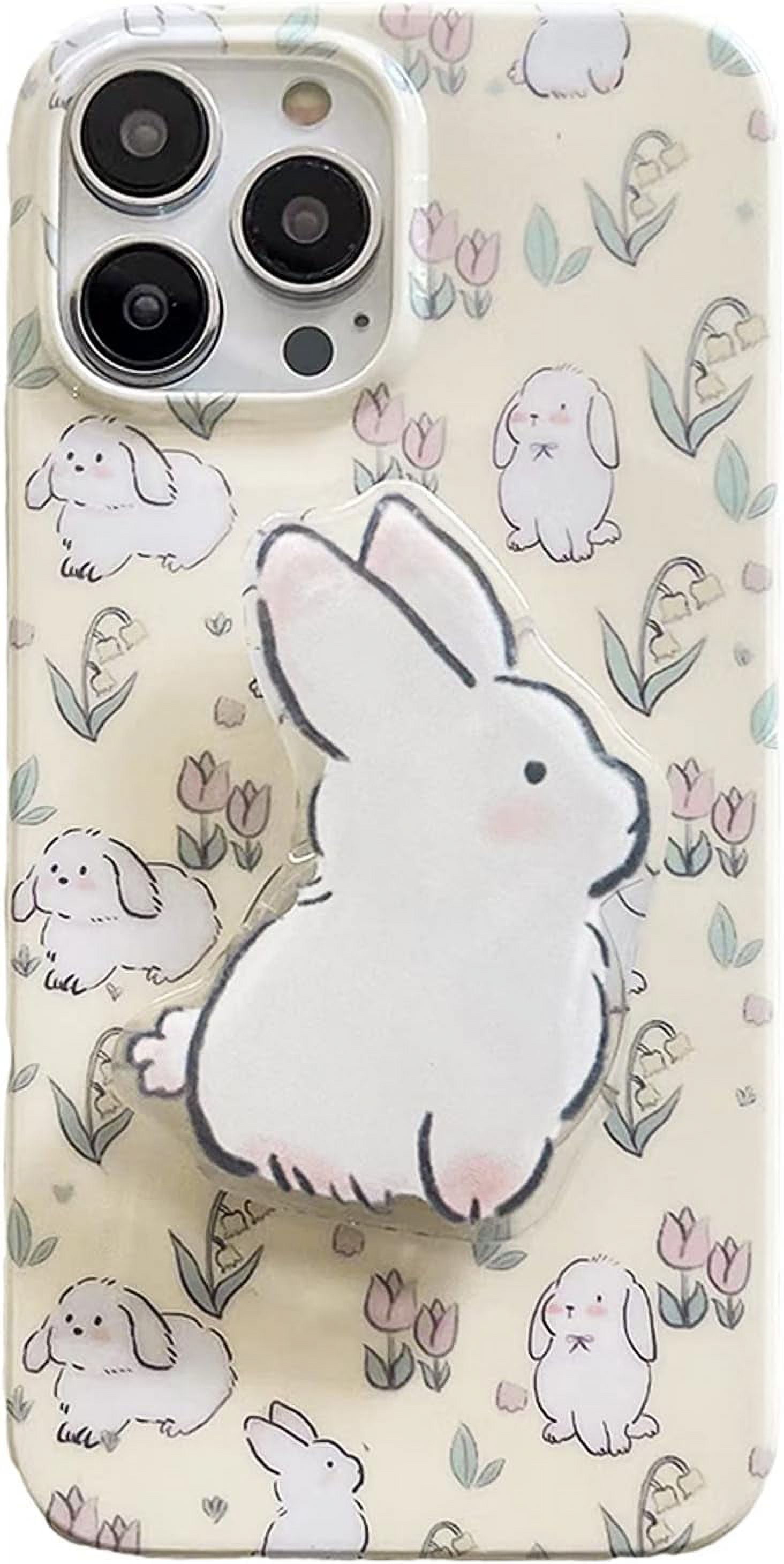 Beige Floral Bunny Phone Case for iPhone 14 Plus, Cute Korea 3D Rabbit ...