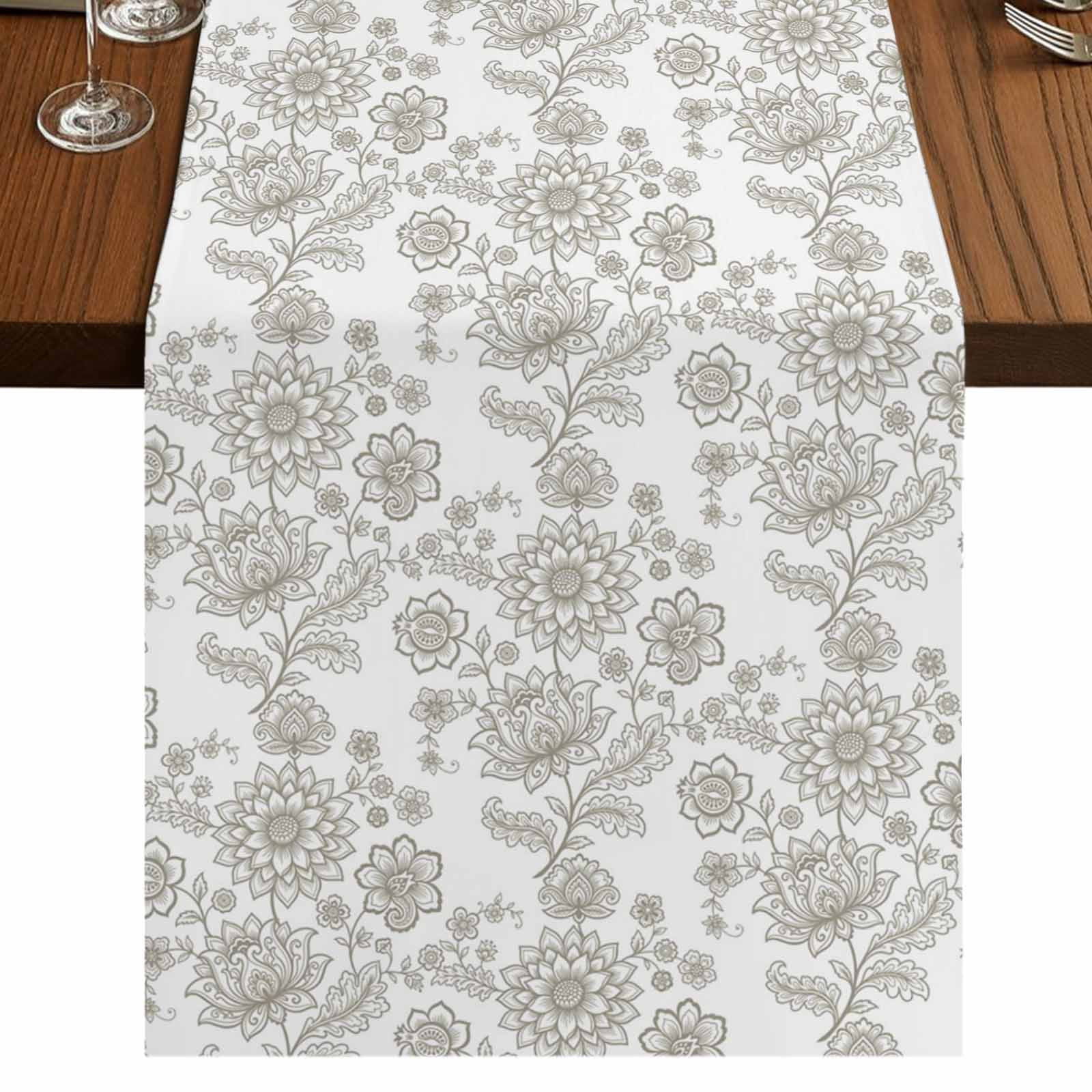 Beige Floral Burlap Cotton Table Runner 14x72 Inches Long, Abstract Art ...