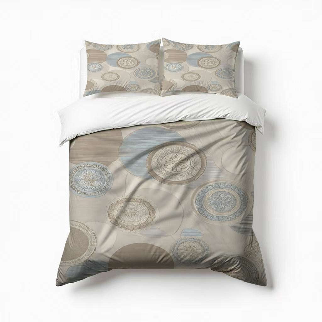 Beige Floral Circle Pattern Bedding Set 3 Pcs Soft Microfiber Quilt ...