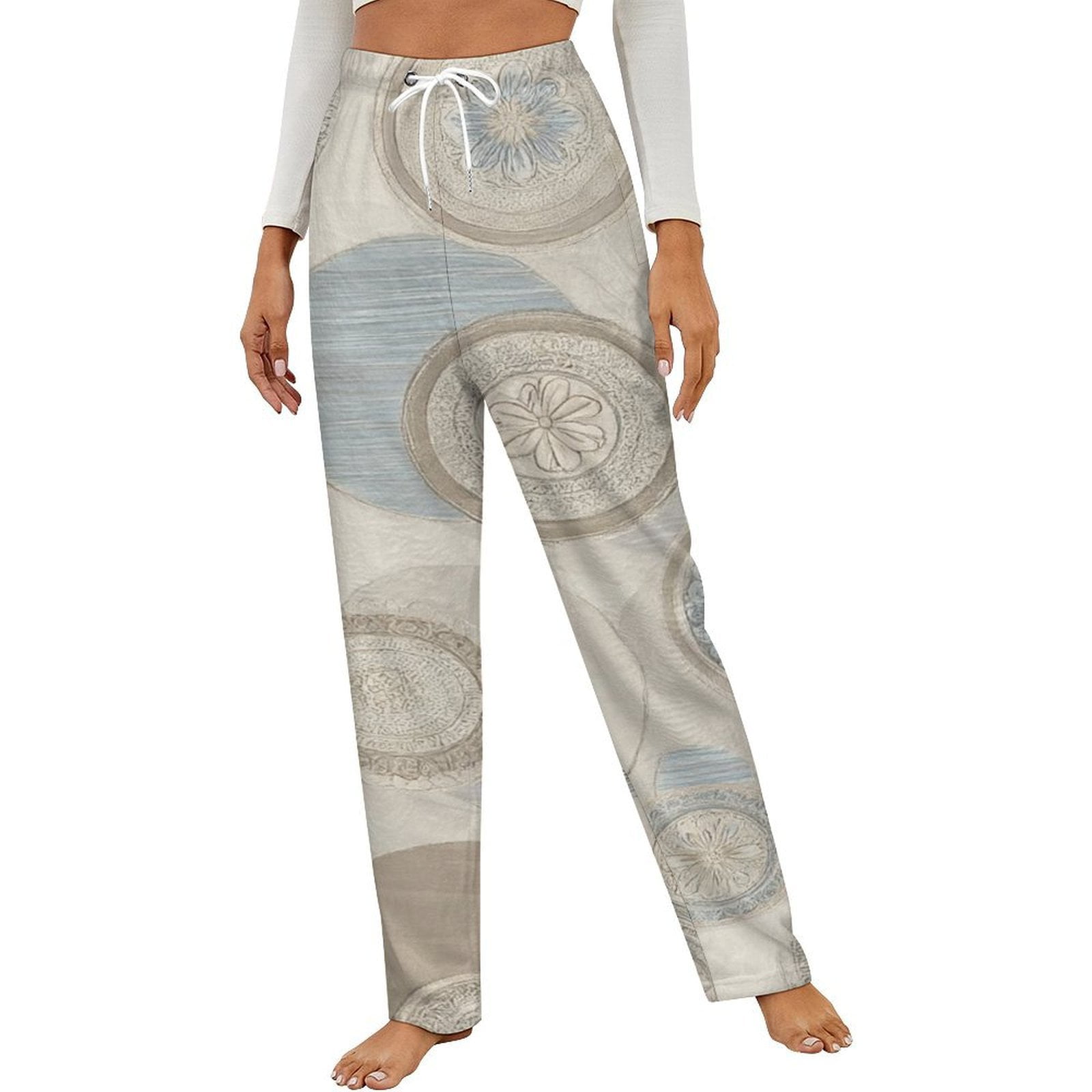 Beige Floral Circle Pattern Winter Female Pants Flannel High Waist ...