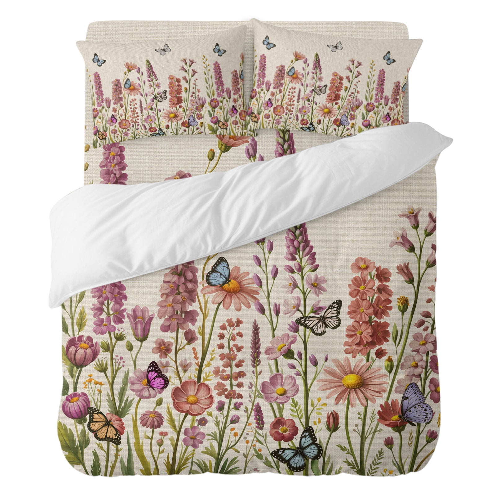 Beige Floral Comforter Set Queen Size, Spring Lavender Wildflowers Blue ...