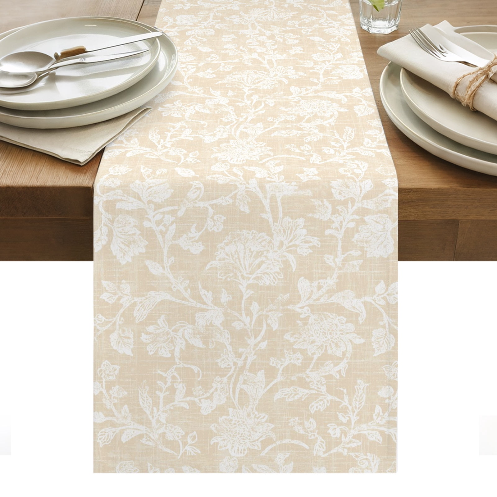 Beige Floral Cotton Linen Table Runner Pastoral White Cream Petal Leaf ...