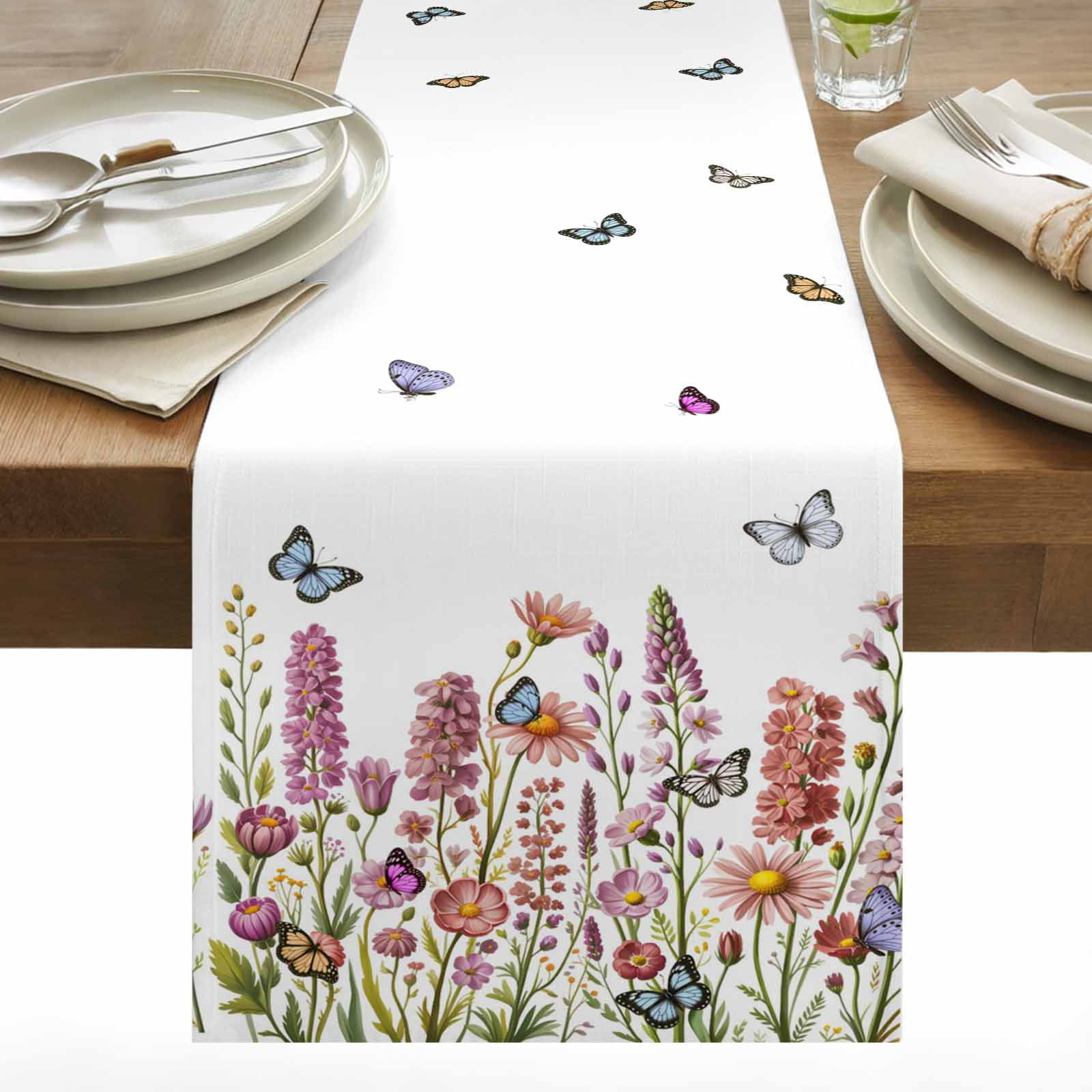 Beige Floral Cotton Linen Table Runner Spring Lavender Wildflowers Blue ...