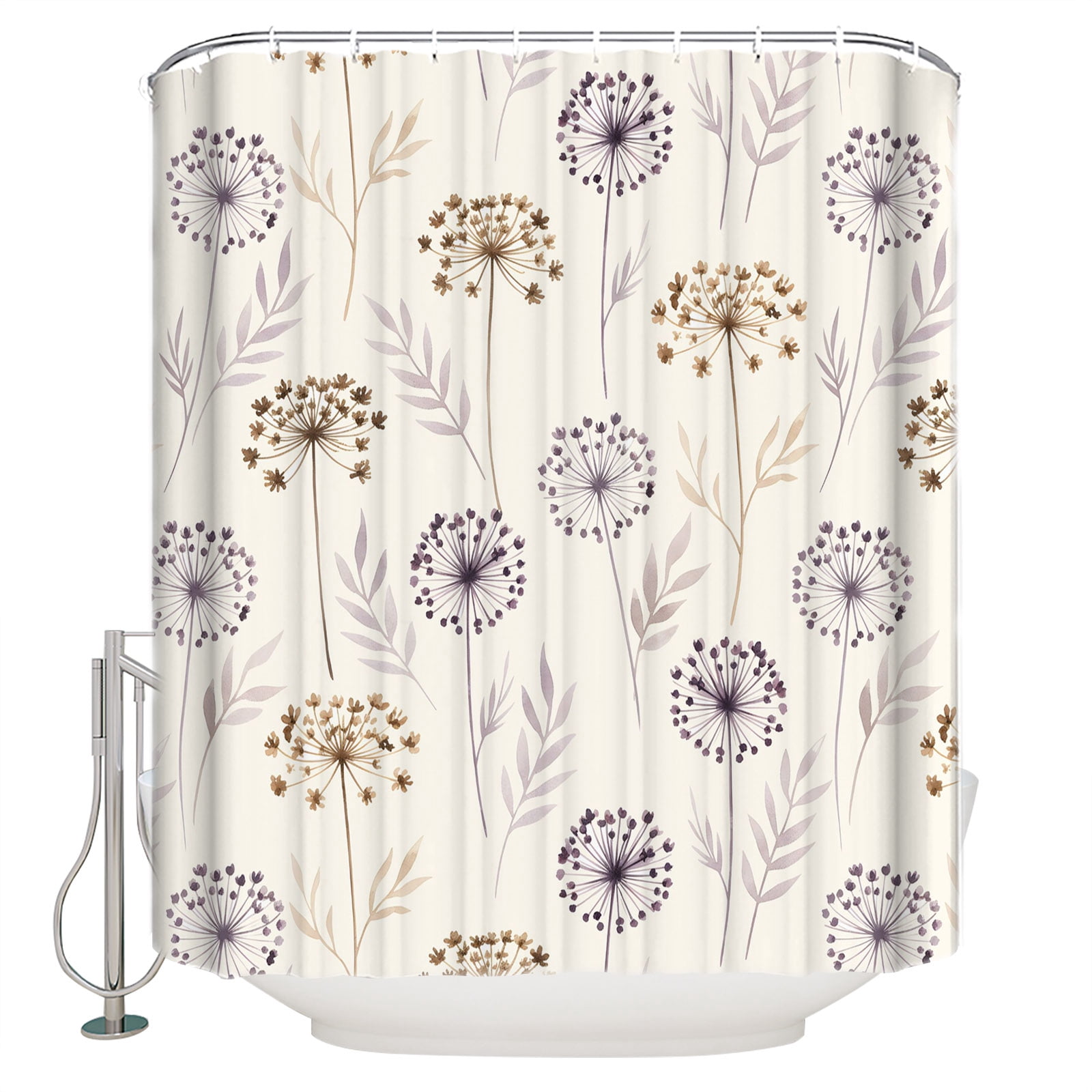Beige Floral Dandelion Bathroom Shower Curtains with 12 Hooks ...