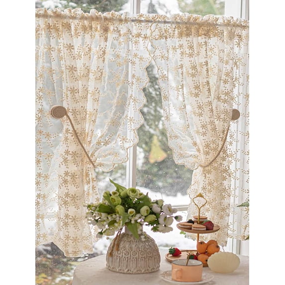 Beige Floral Embroidered Sheer Curtain Panel, Boho Polyester Light ...